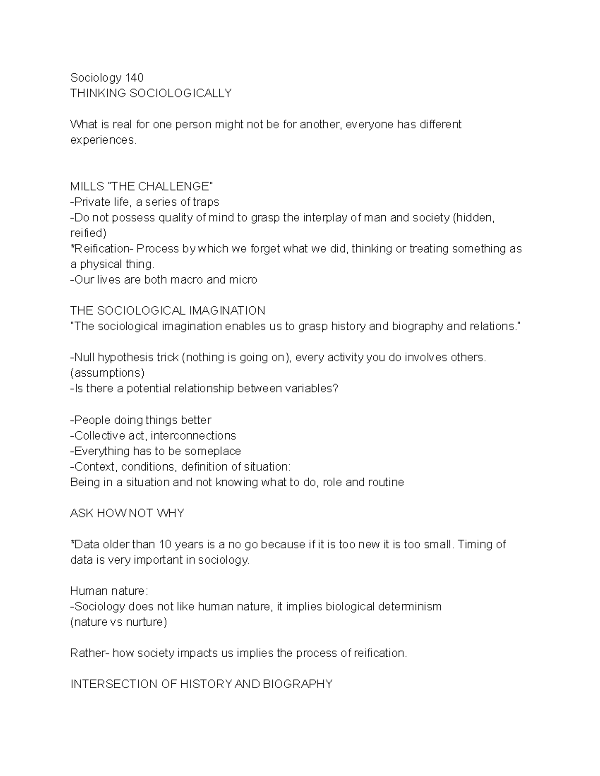 Sociology 140 Lecture Understanding The Sociological Imagination Studocu