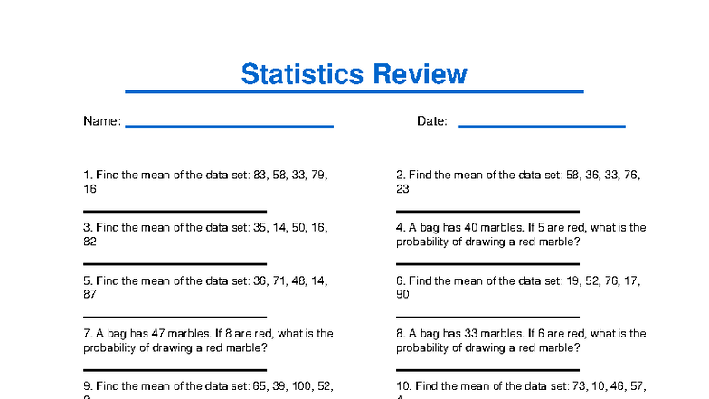 Statistics Review 8: Mean & Probability Exercises - Studocu
