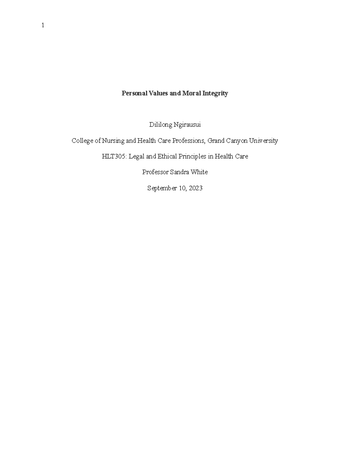 HLT305 Final Essay: Examining Personal Values and Moral Integrity - Studocu