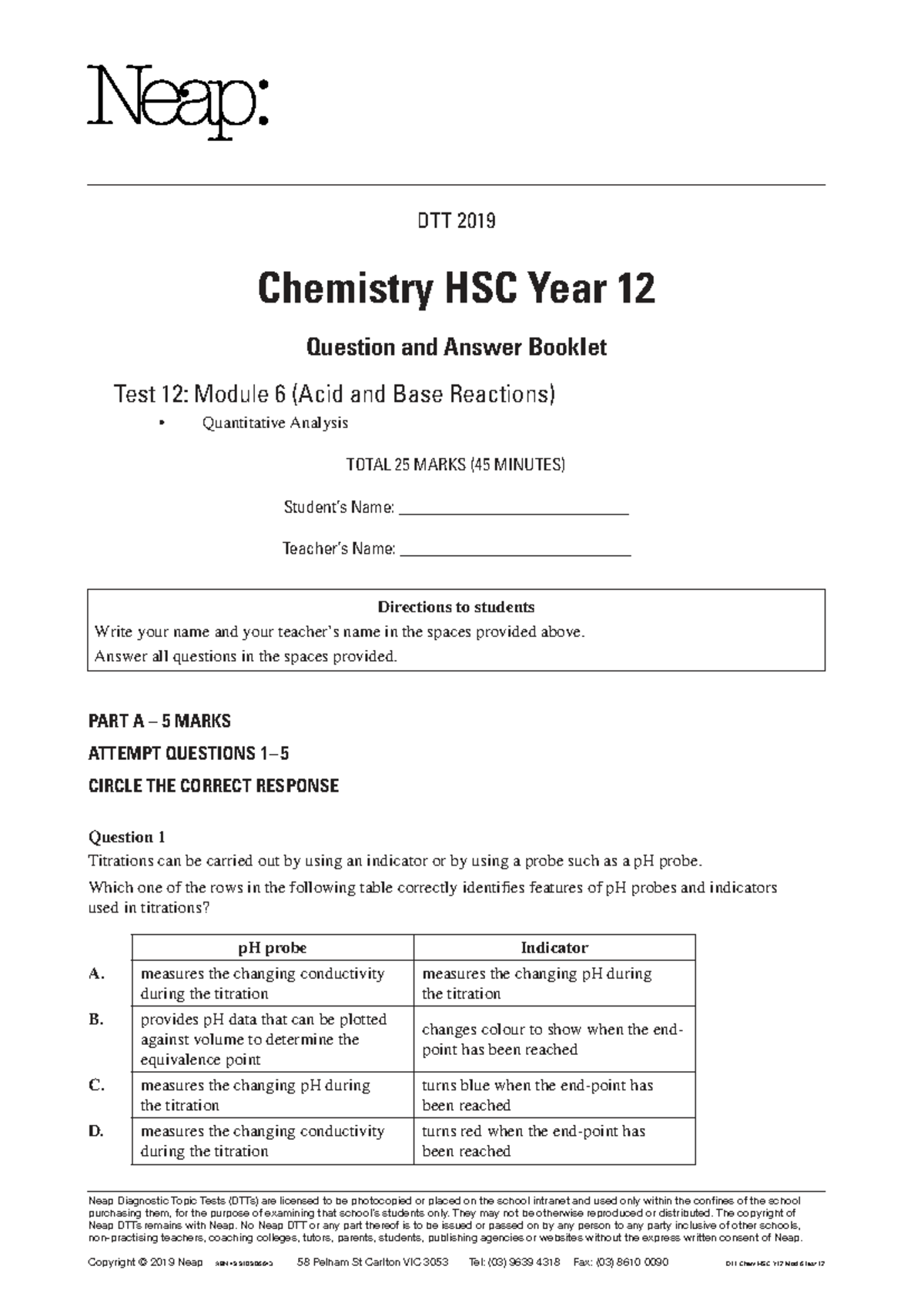 DTT 2019 Chemistry HSC Year 12 Test 12: Acid & Base Reactions Q&A - Studocu