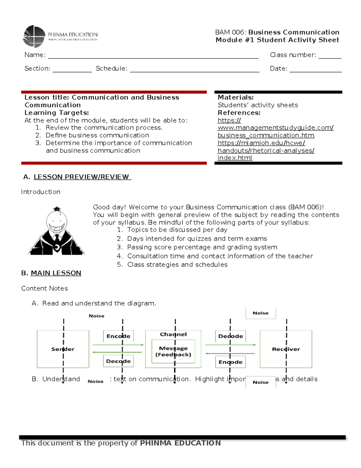 BAM 006 - Communication and Business Module 1 Student Activity Sheet ...