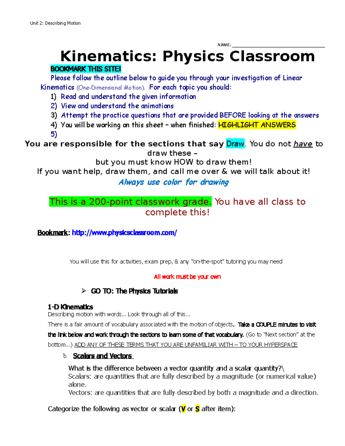 Kinematics in Motion: Physics Classroom Guide (Physics 1) - Studocu