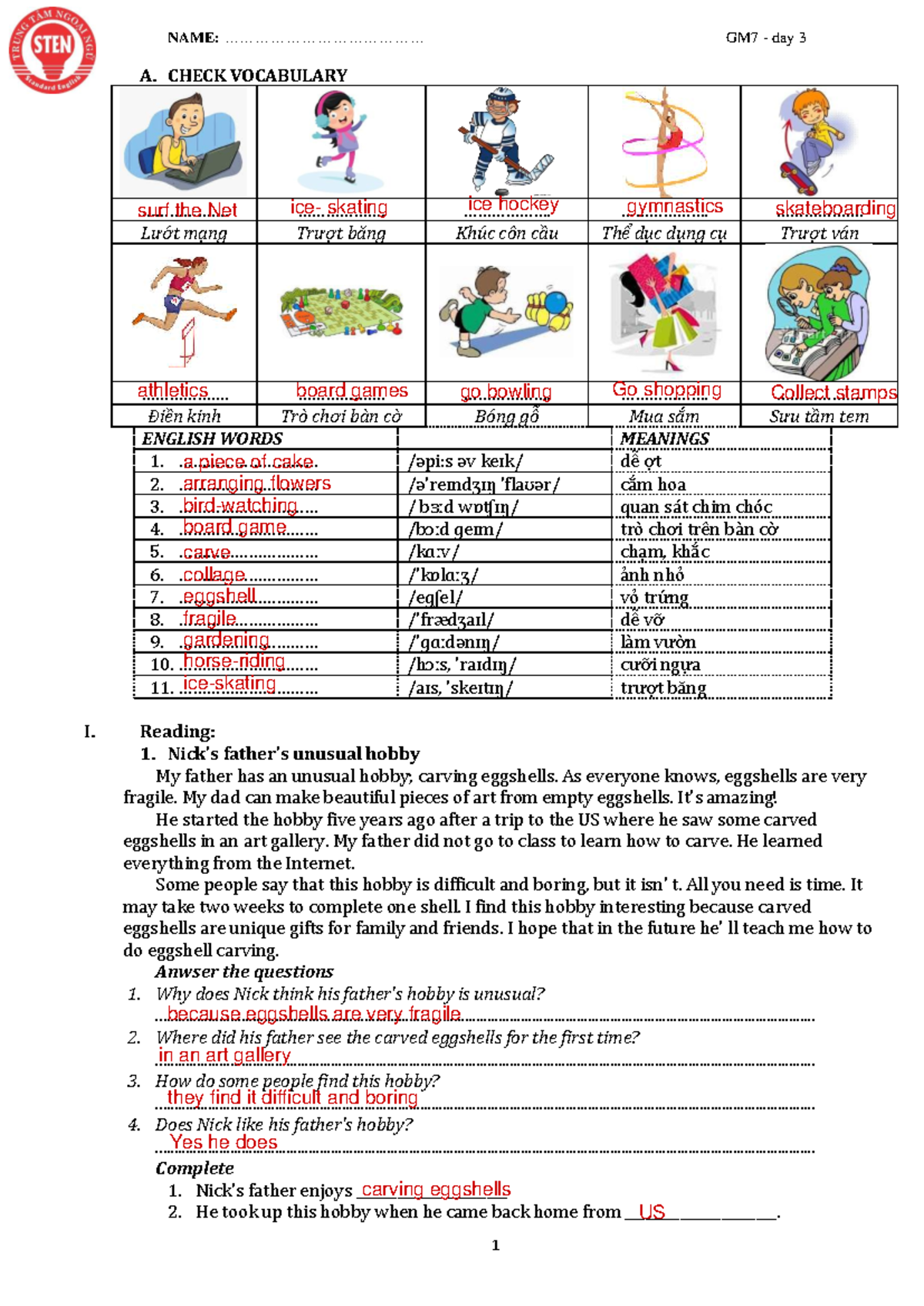 GM7 Day 3: Hobbies and Present Simple - Answer Key - Studocu