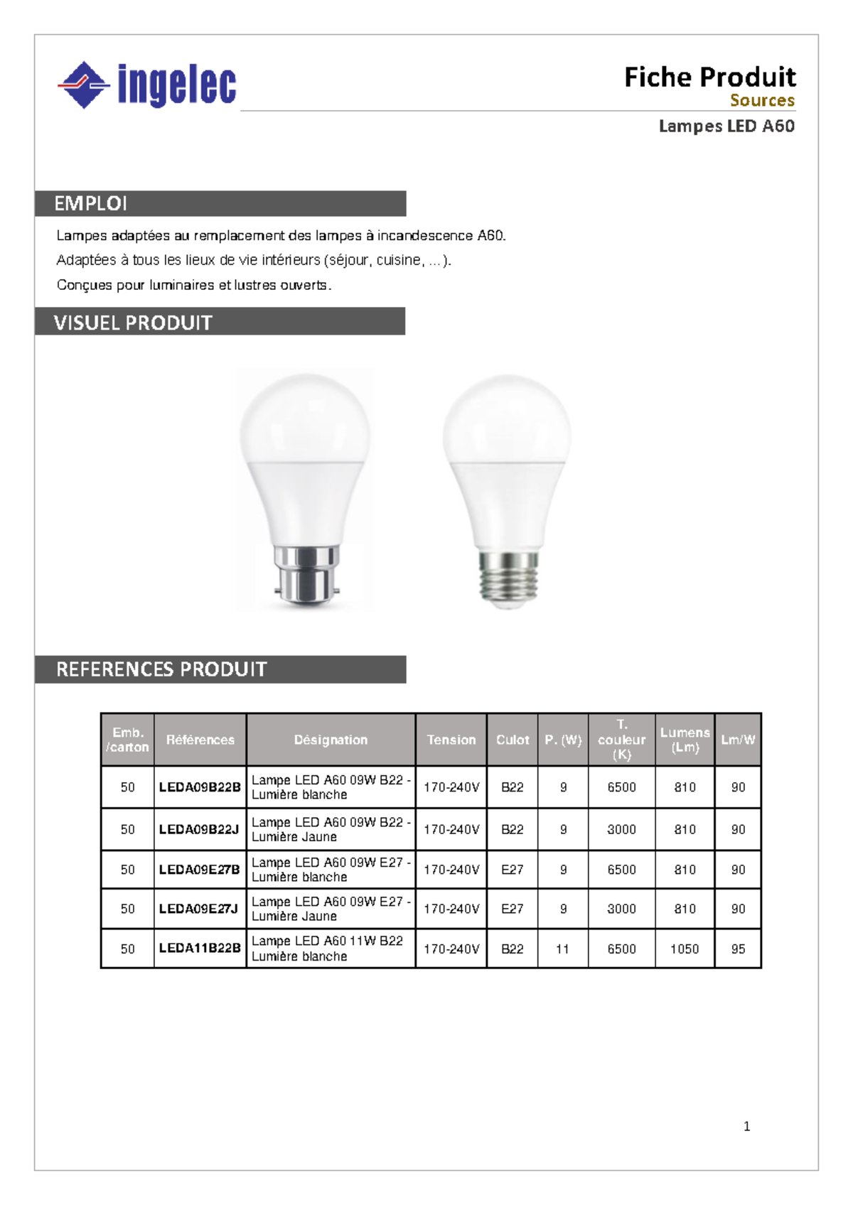 Fiche Produit LED A60 SMD 09W, 11W, 13W, 15W - Ingelec - Studocu