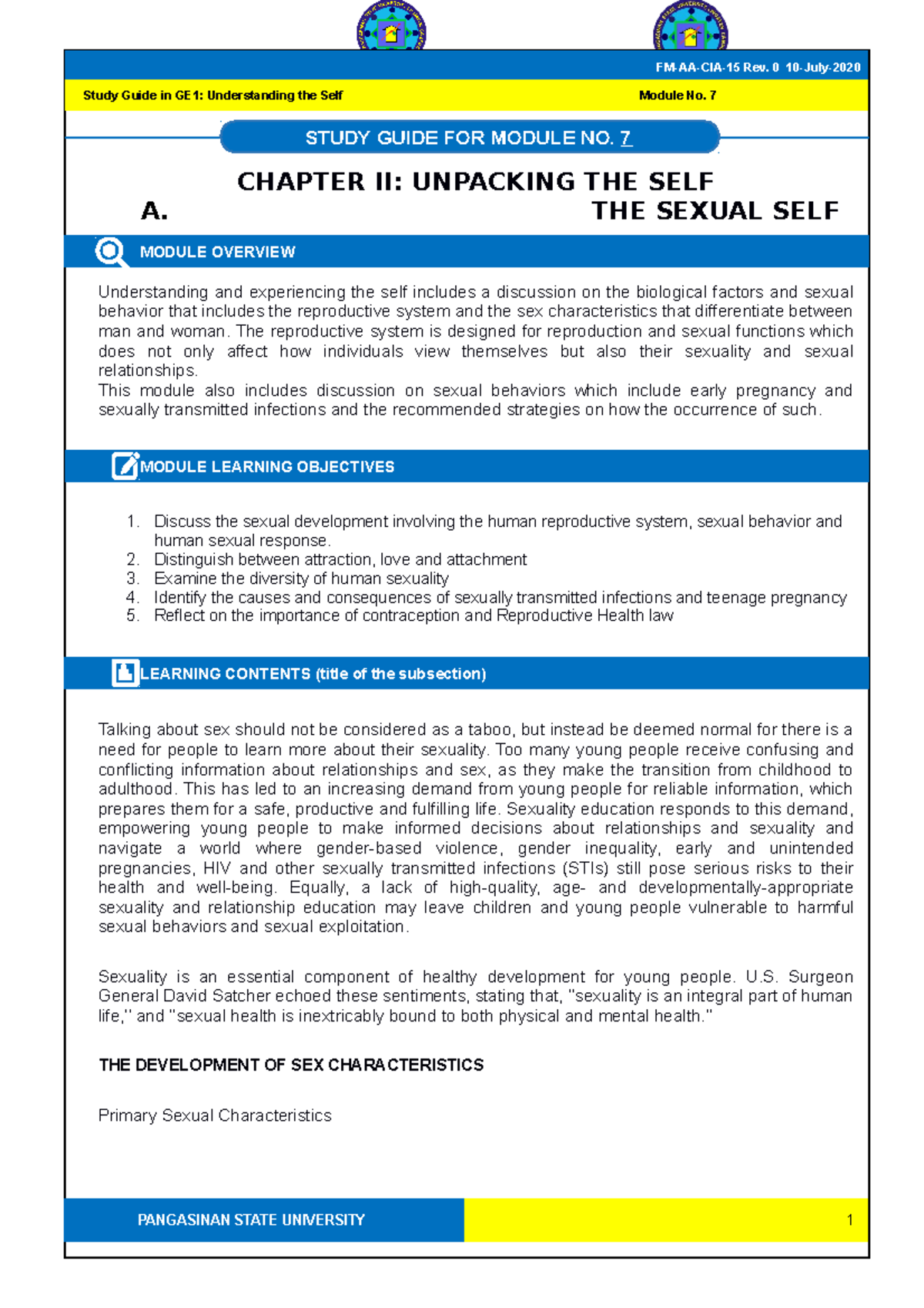 GE1 Module 7 Sexual Self - CHAPTER II: UNPACKING THE SELF A. THE SEXUAL SELF MODULE OVERVIEW ...