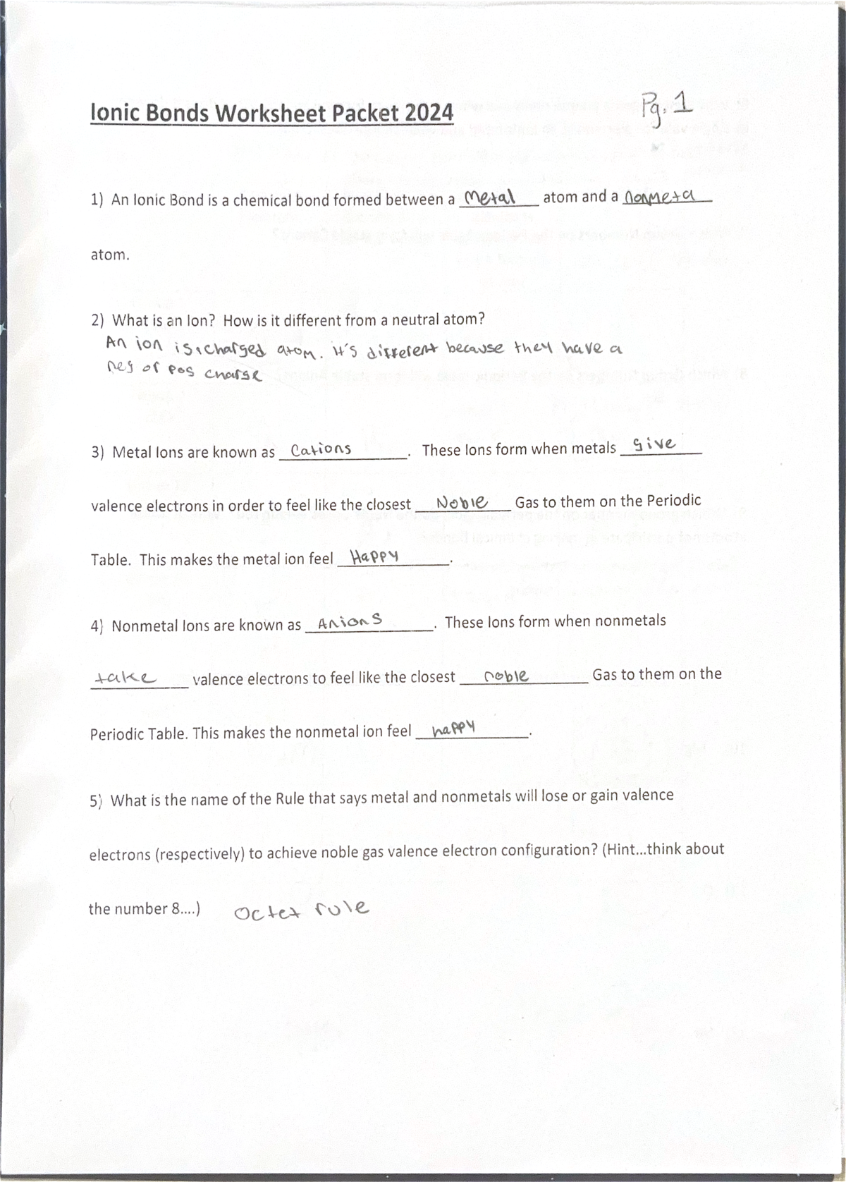 Ionic Bonds Worksheet: Understanding Cations, Anions, and the Octet ...