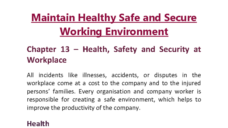 Health, Safety & Security at Workplace - Chapter 13 Overview - Studocu