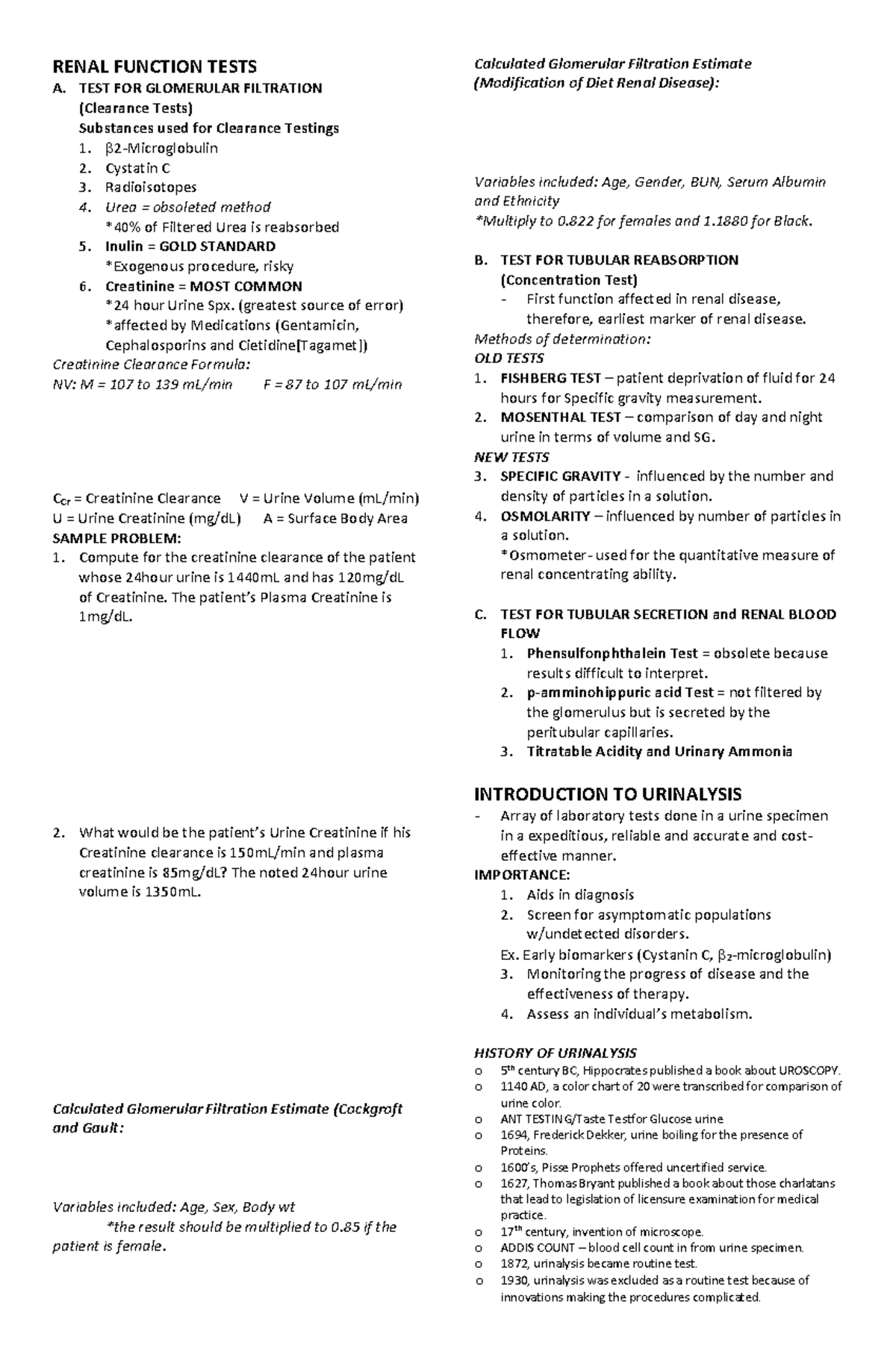 AUB F3 - review on AUBF, PART 3 - RENAL FUNCTION TESTS A. TEST FOR ...