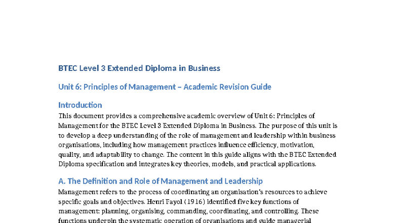 BTEC Level 3 Extended Diploma in Business Unit 6: Management Guide ...