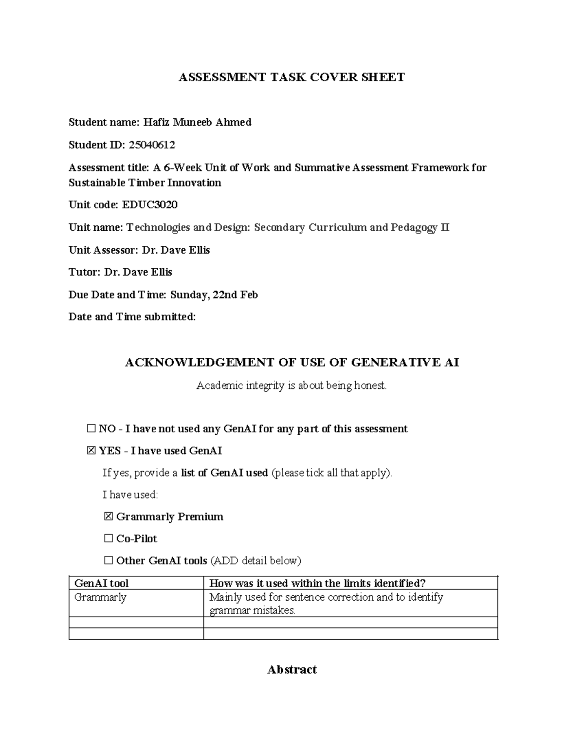 EDUC3020: Unit of Work & Assessment Framework for Sustainable Timber ...