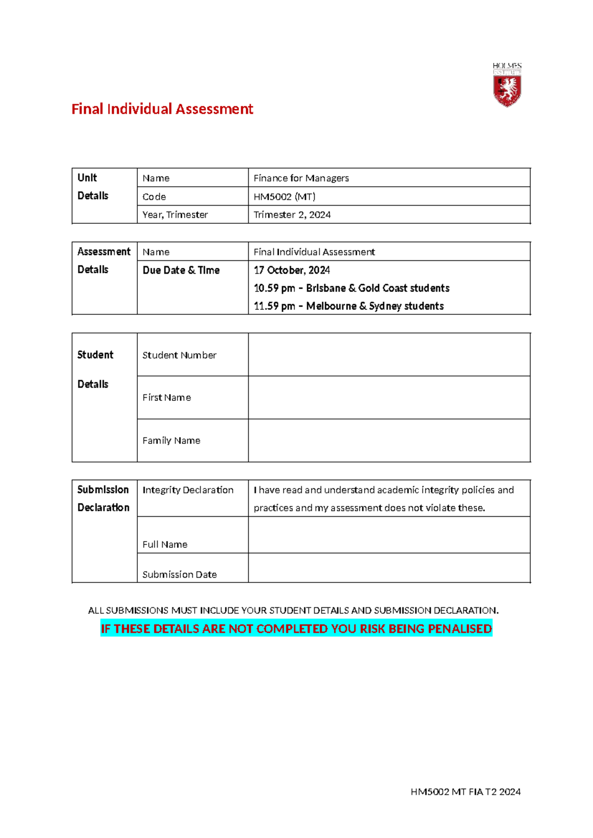 HM5002 MT Final Individual Assessment Guide T2 2024 - Studocu