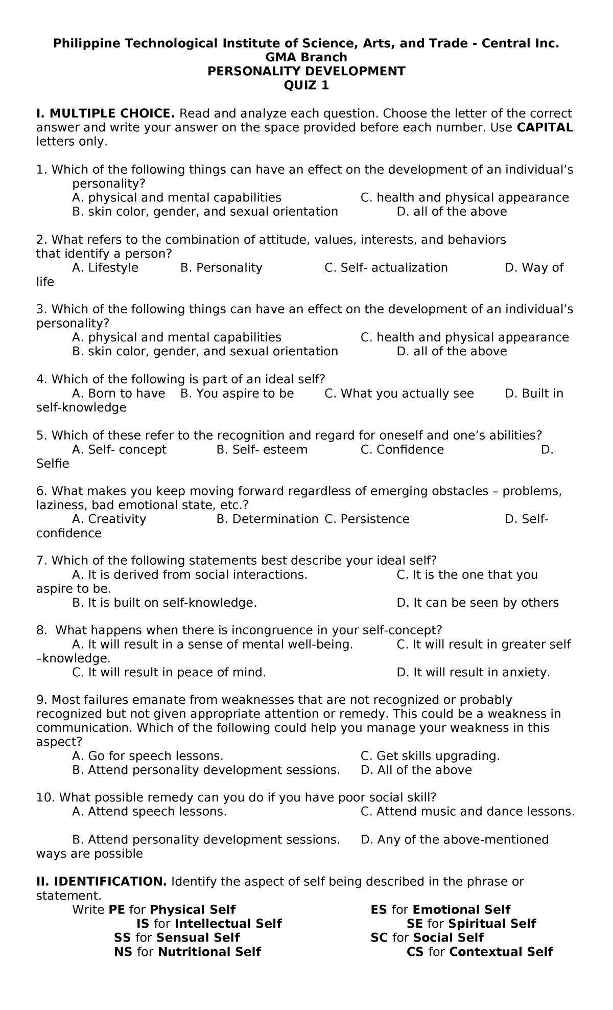 PTISTAT GMA Branch PERSONALITY DEVELOPMENT QUIZ 1 Review Notes - Studocu