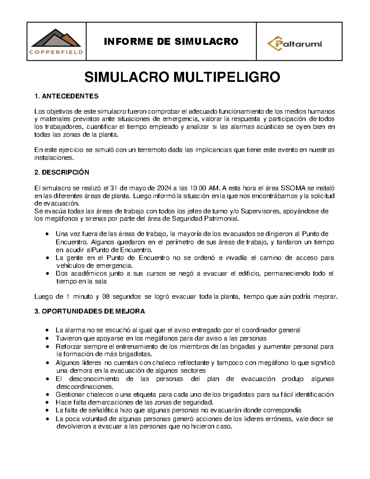 Informe del Simulacro Multipeligro: Evaluación y Oportunidades de Mejora - Studocu