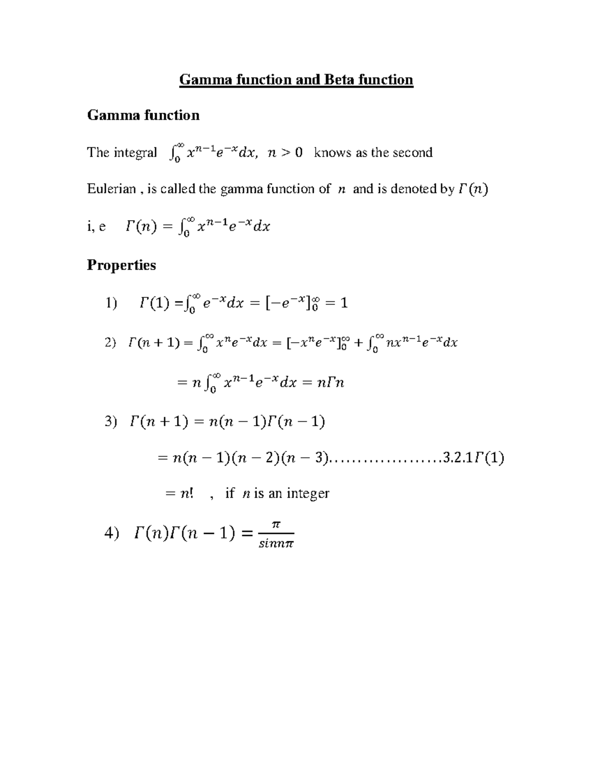 Beta-Gamma Functions: Overview and Key Properties - Math 191 - Studocu