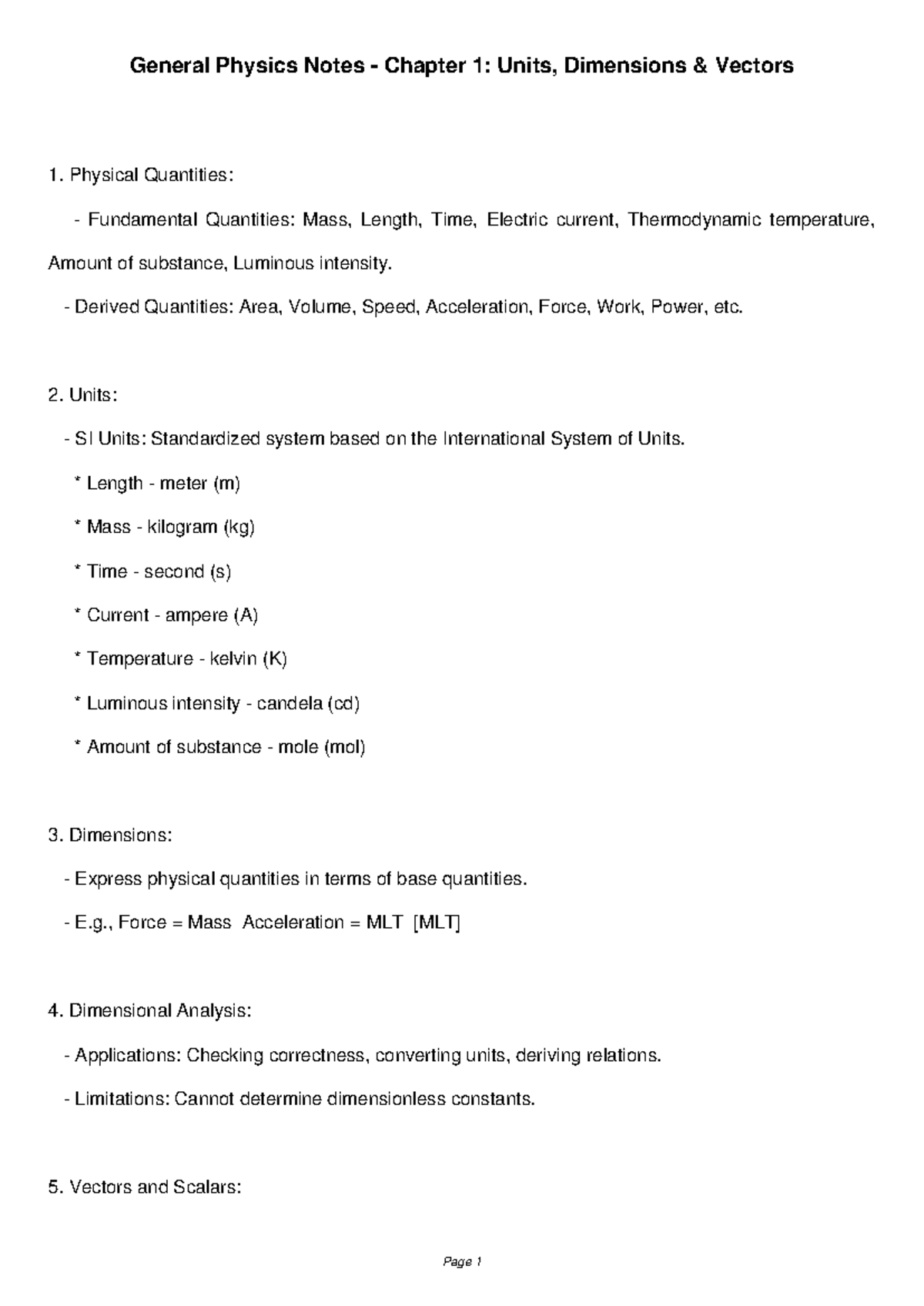 Physics Chapter 1 Units Dimensions Vectors - General Physics Notes ...