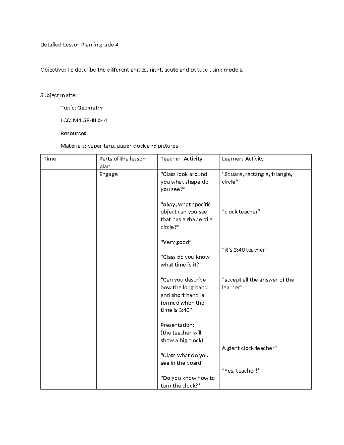 Mathematics-DLP: Grade 4 Geometry Lesson Plan on Angles - Studocu