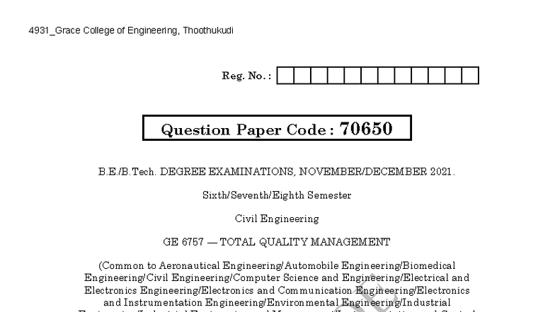 GE3751_TQM Question Paper 2021 - Total Quality Management Exam - Studocu