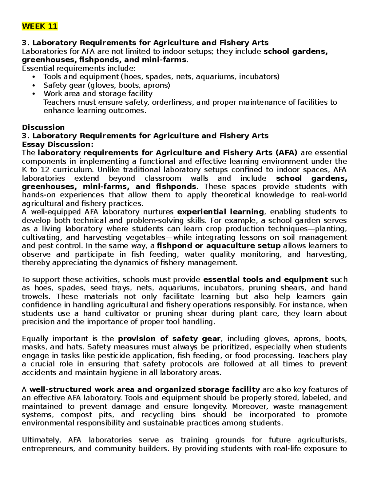 WEEK 11 AFA Laboratory Requirements and Teaching Strategies - Studocu