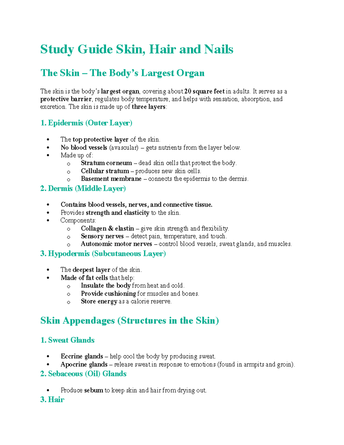 Exam #2 Study Guide: Skin, Hair, and Nails (245) - Studocu