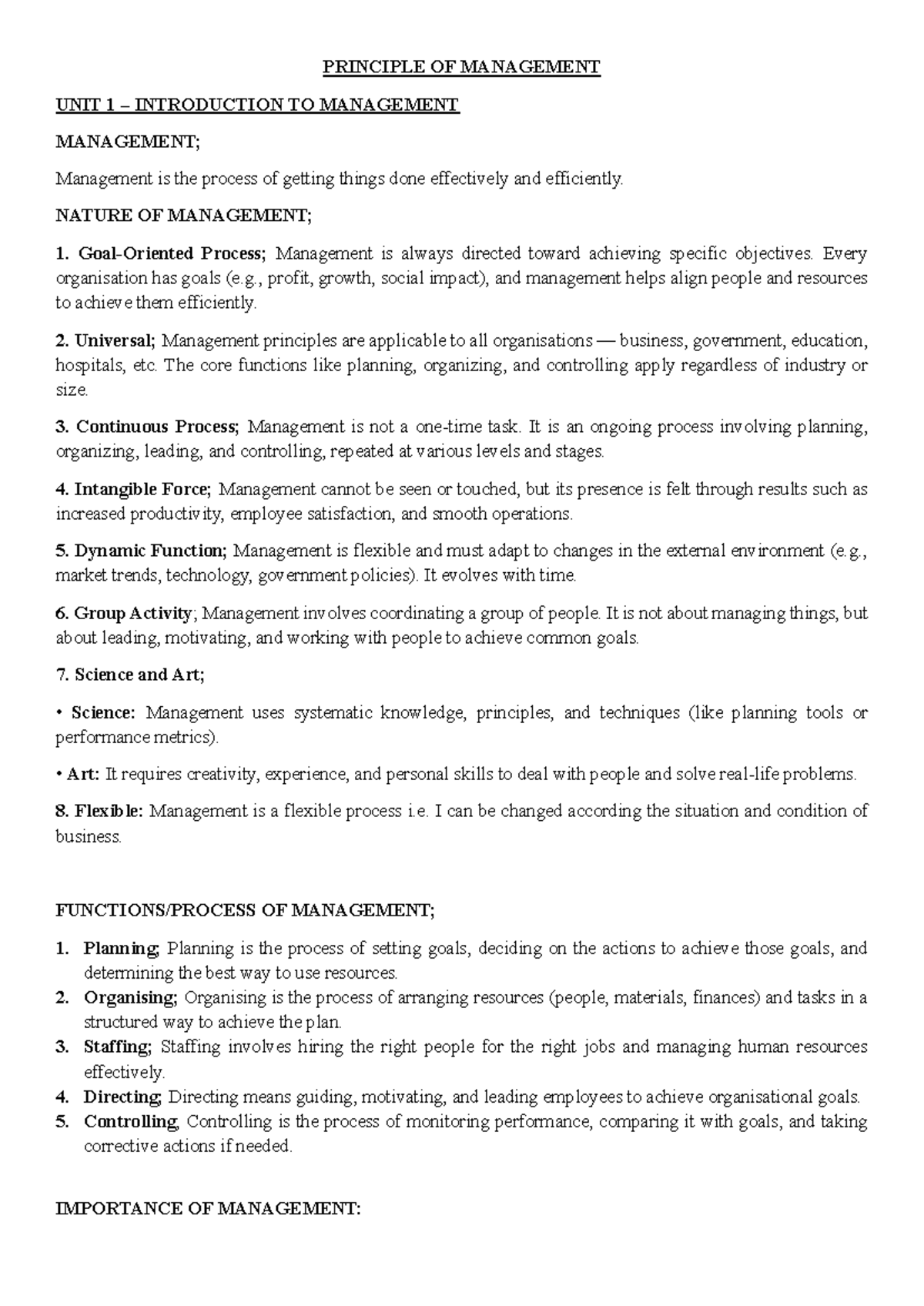 Principle of Management: Unit 1 - Introduction to Management Concepts ...