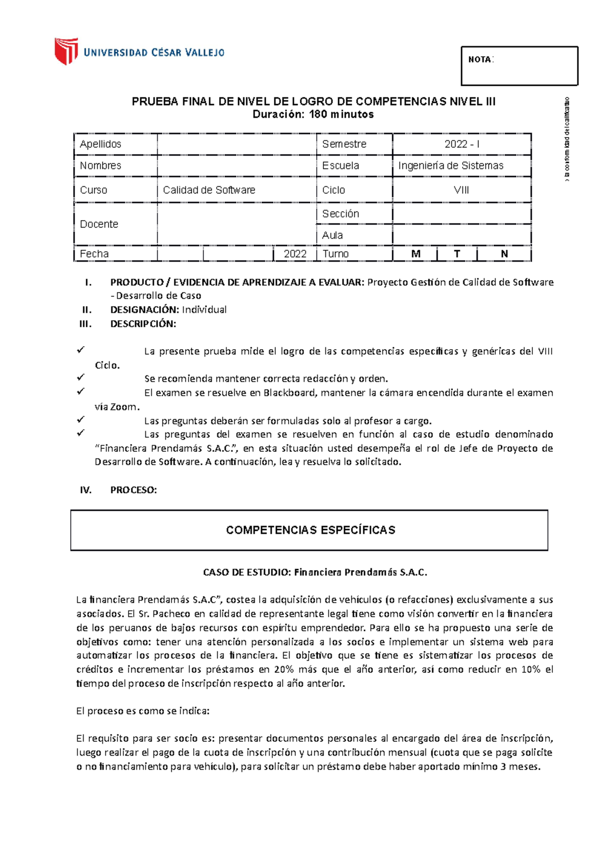 Prueba Final PNL III 2022-1 - PRUEBA FINAL DE NIVEL DE LOGRO DE COMPETENCIAS NIVEL III Duración ...