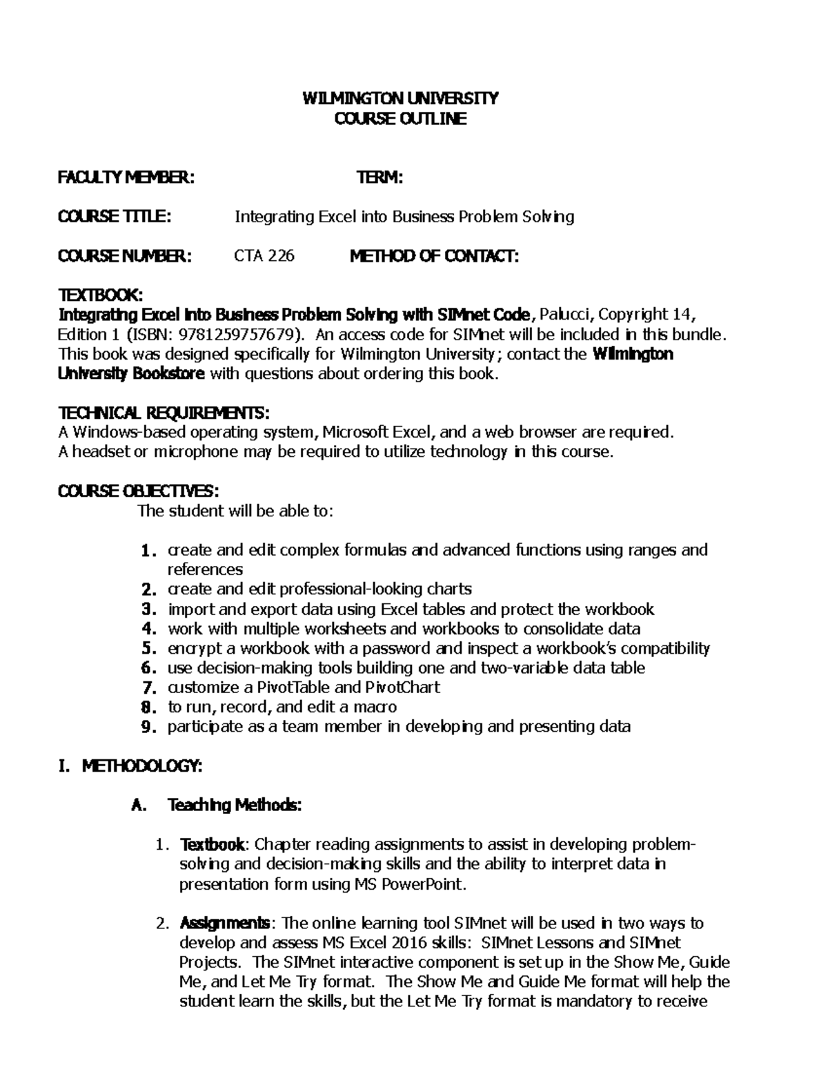 Syllabus CTA 226 2017 - WILMINGTON UNIVERSITY COURSE OUTLINE FACULTY ...
