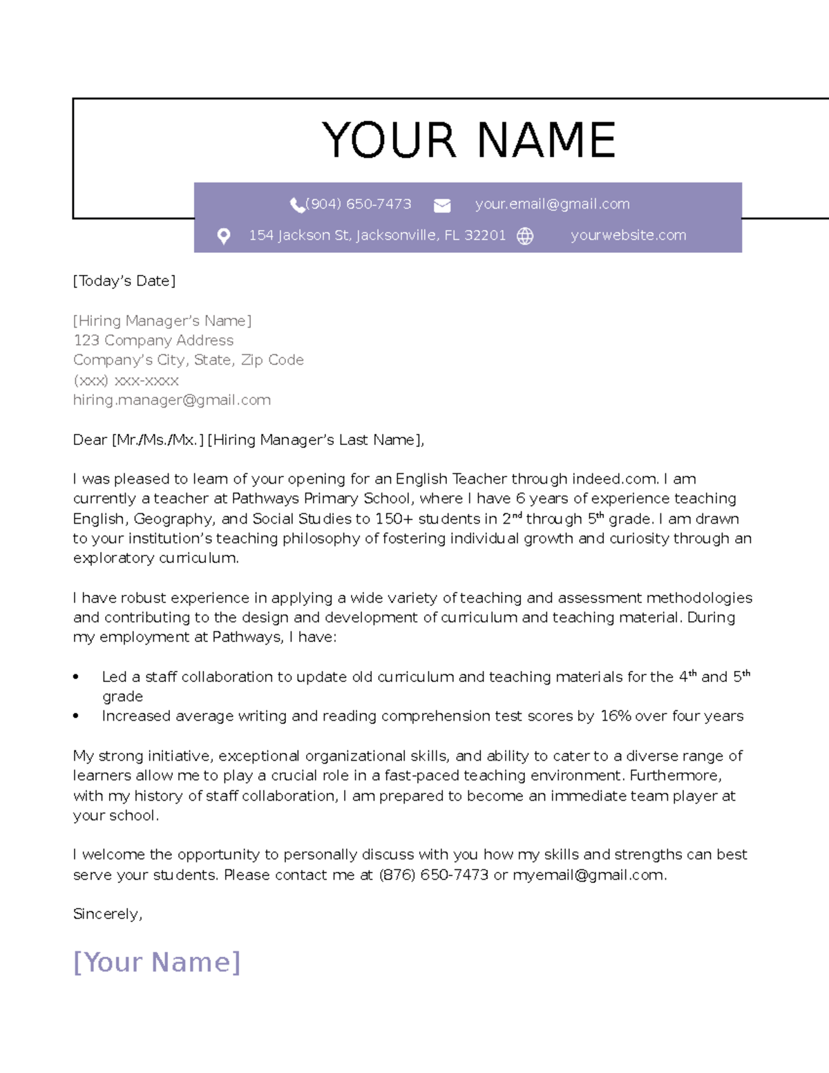 Teacher Cover Letter Example: Editable Template for Job Seekers - Studocu