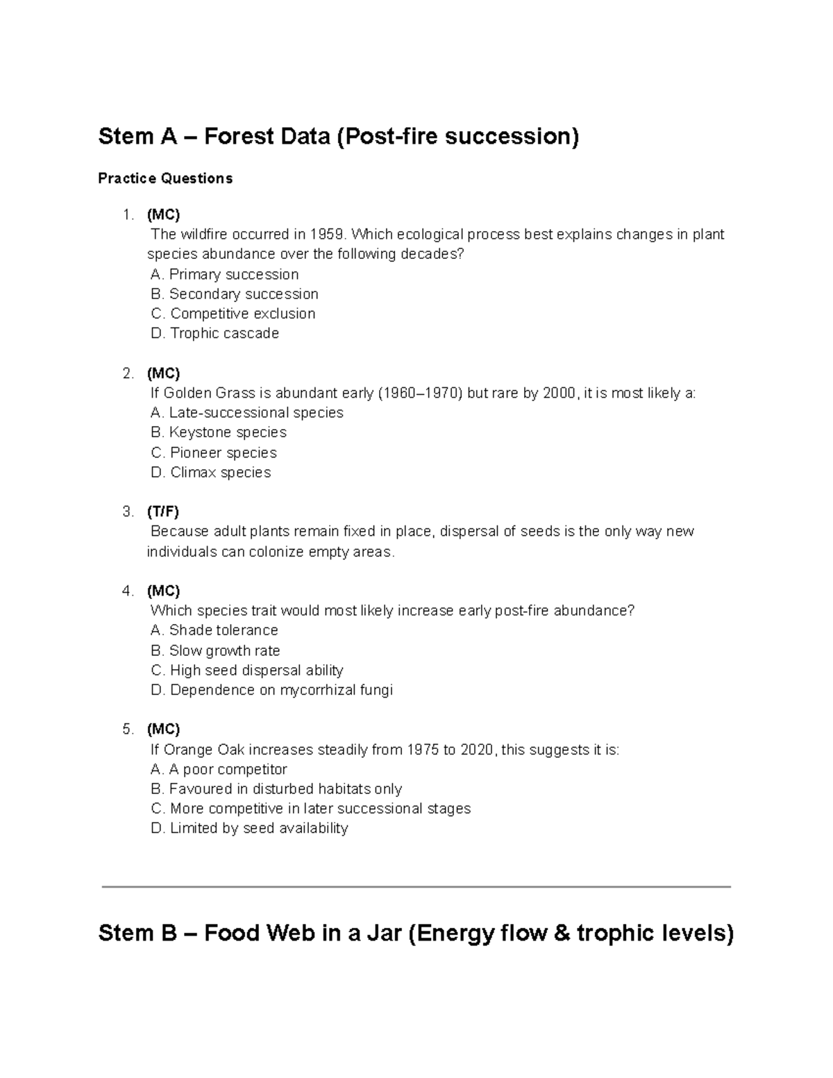 BIOL 1070 - Midterm Practice Questions on Ecology and Population ...
