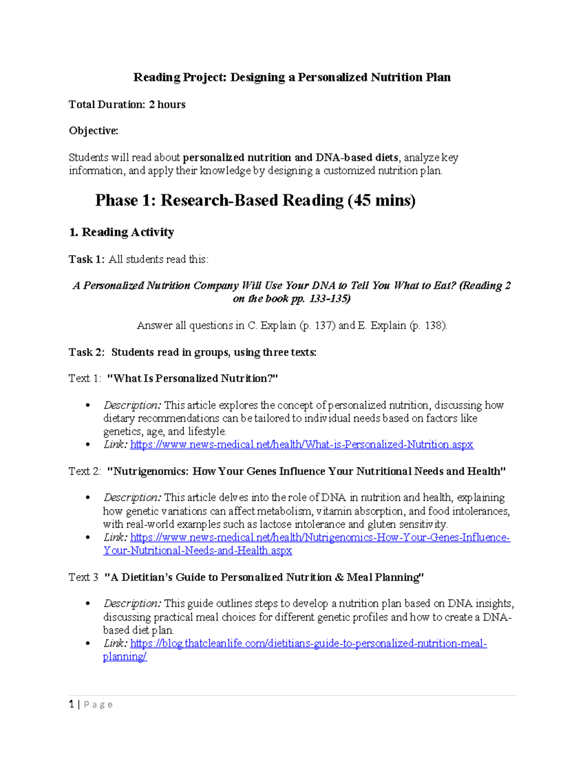 Reading Project 2: Crafting Personalized Nutrition Plans Based on DNA ...