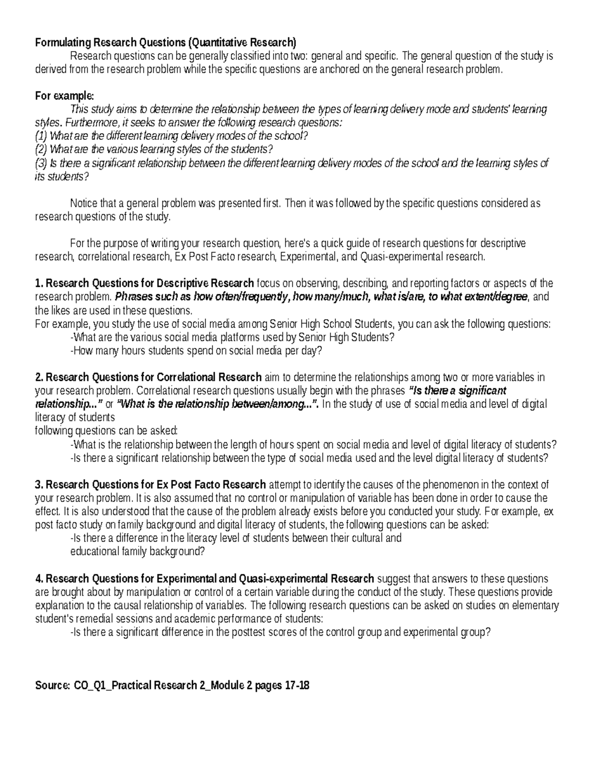 Formulating Research Questions in Quantitative Research (PR2) - Studocu