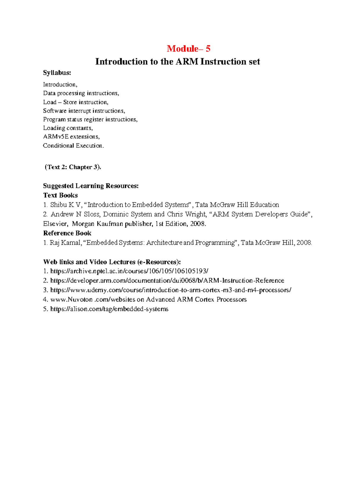 Module 5: Introduction to ARM Instruction Set - Syllabus Overview - Studocu