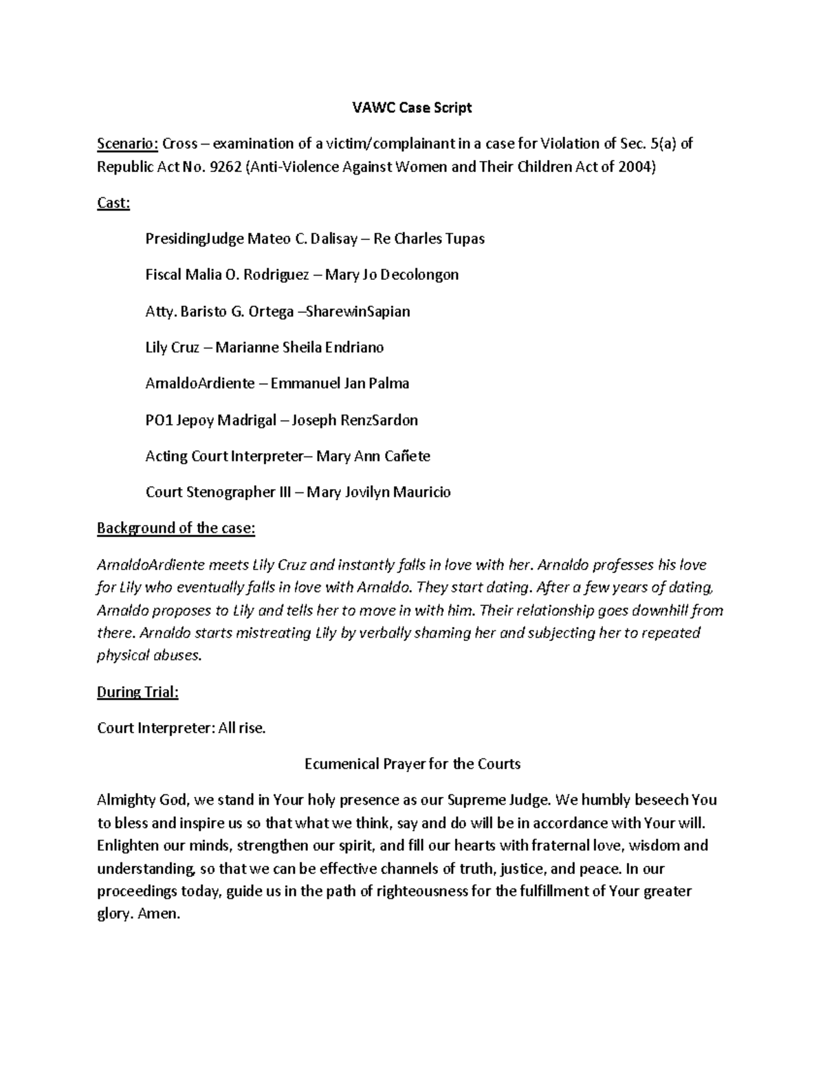 VAWC Case Script: Cross-Examination Scene Analysis | RA 9262 - Studocu