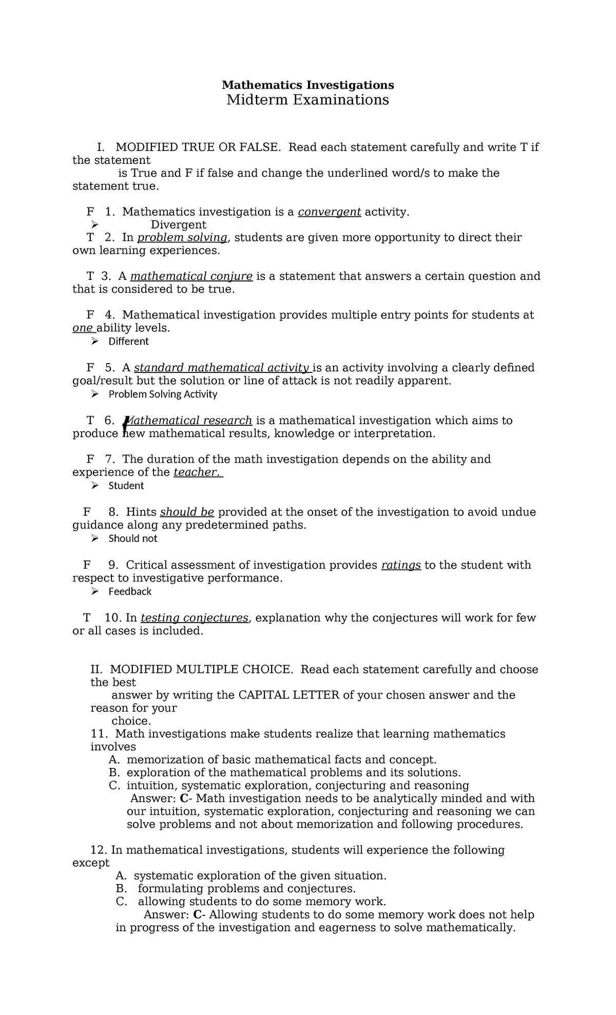 Mathematics Investigation Midterm Exam Review (Course Code: MATH101 ...
