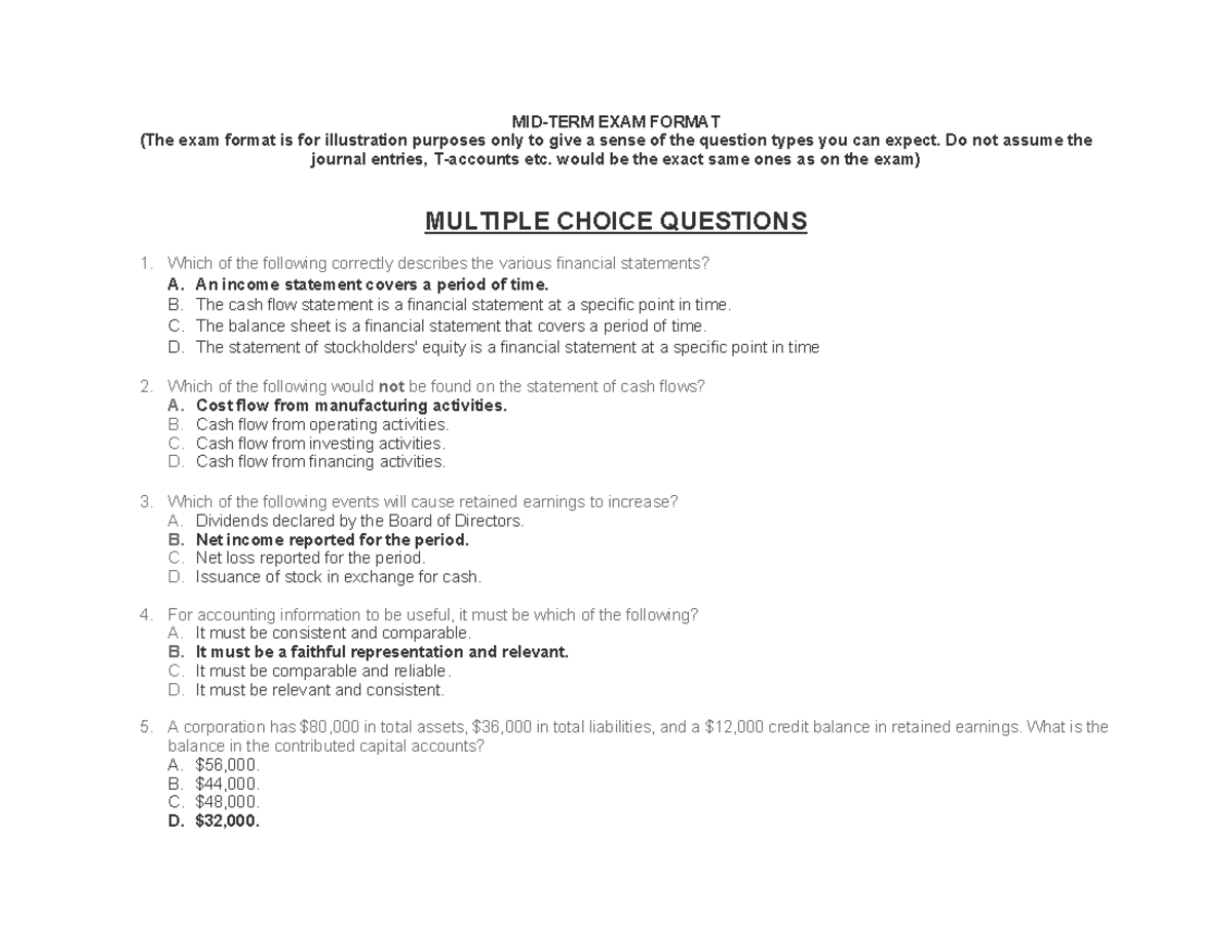 ACCT 101 Mid-Term Exam Format and Sample Questions - Studocu