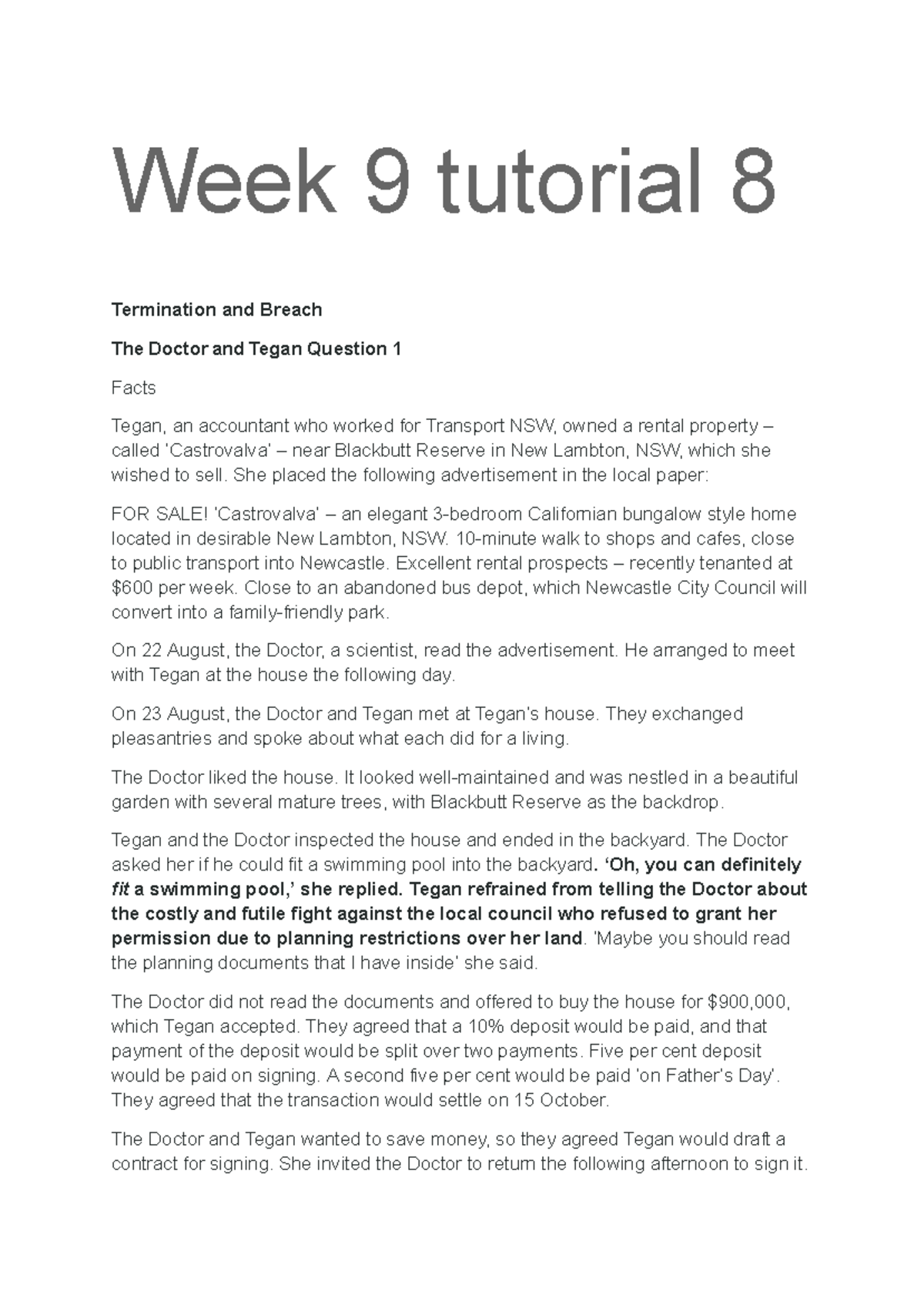 Week 9 Tutorial 8: Termination and Breach of Contract Scenarios - Studocu