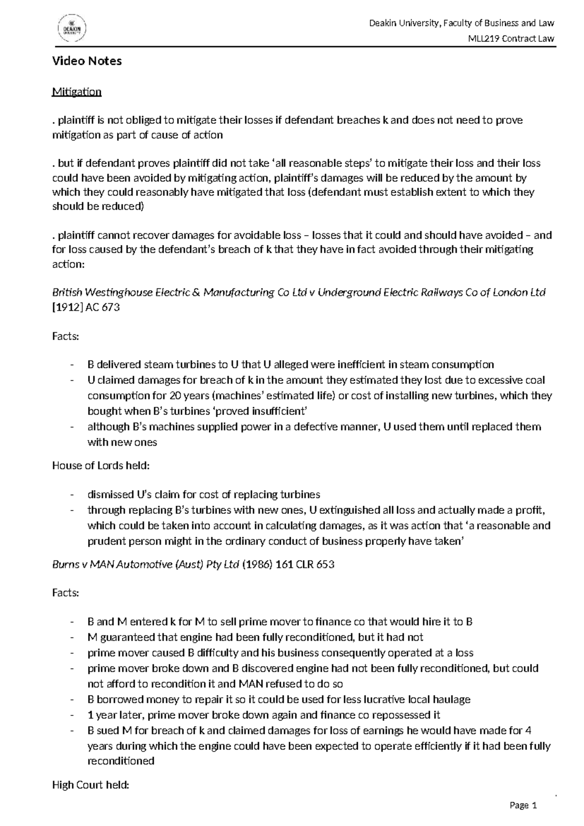 Deakin University MLL219 Contract Law Lecture Notes: Mitigation ...