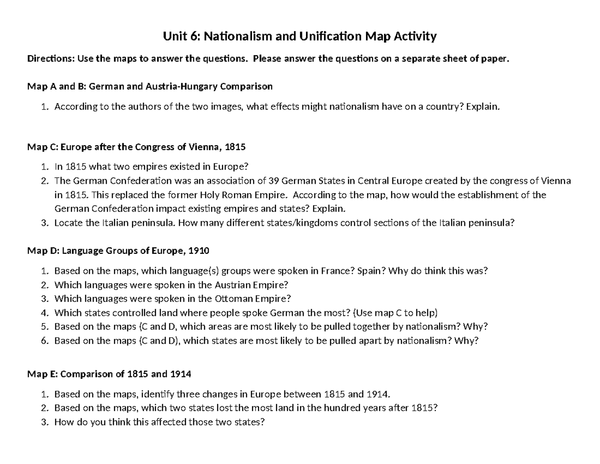 Unit 6: Nationalism & Unification Map Activity Guide - Studocu