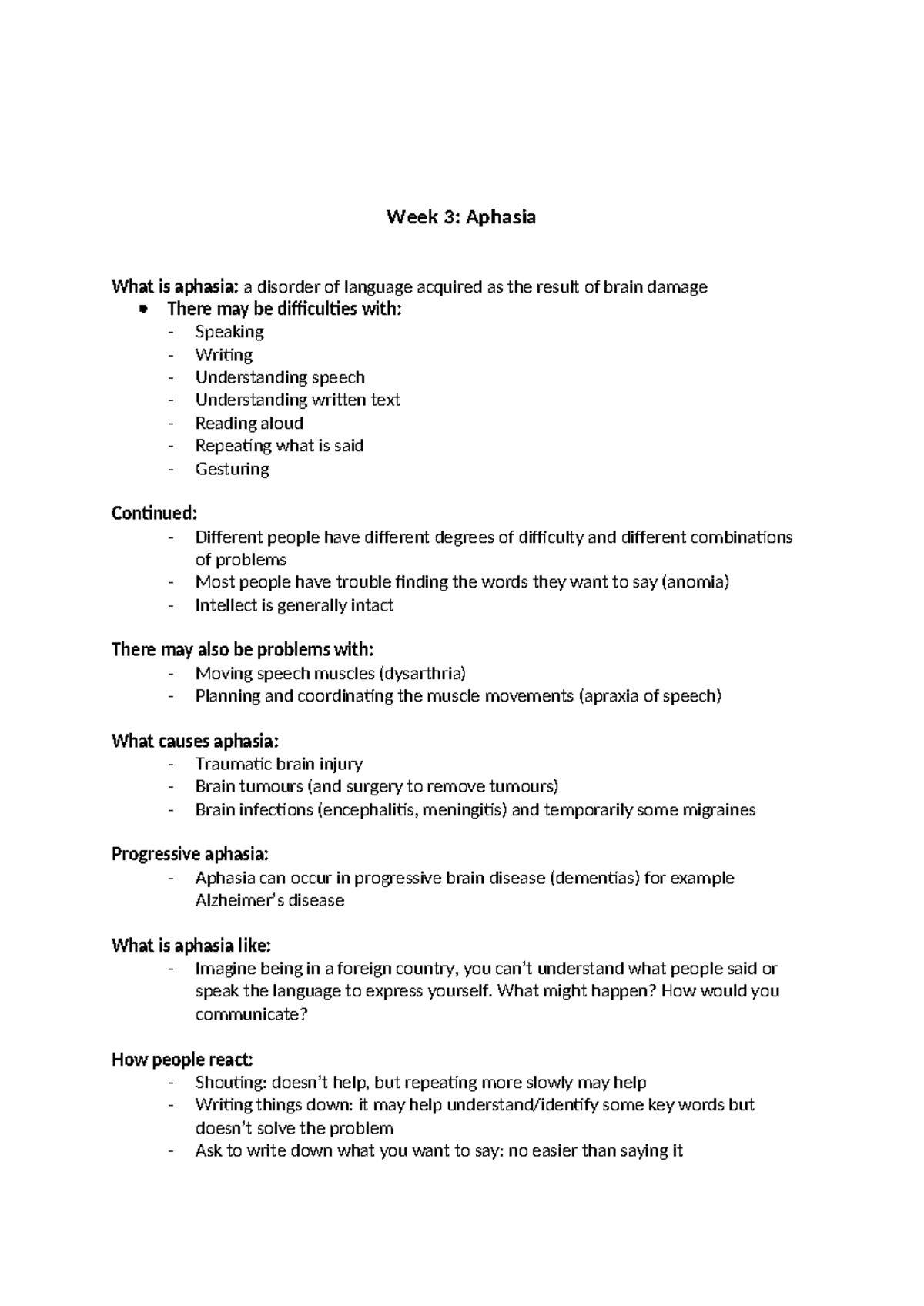 Week 3: Understanding Aphasia - Language Disorder Insights - Studocu