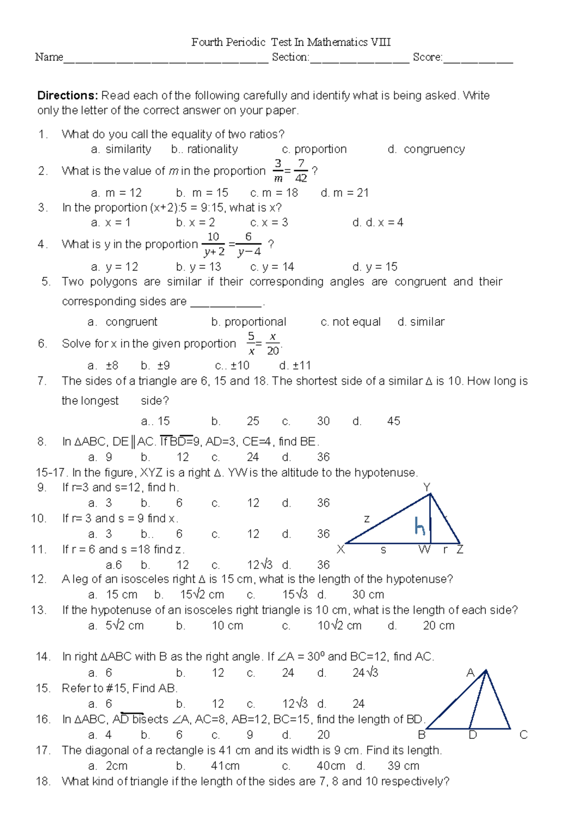 Geo 4th Periodic Test in Mathematics: Answer Key and Directions - Studocu
