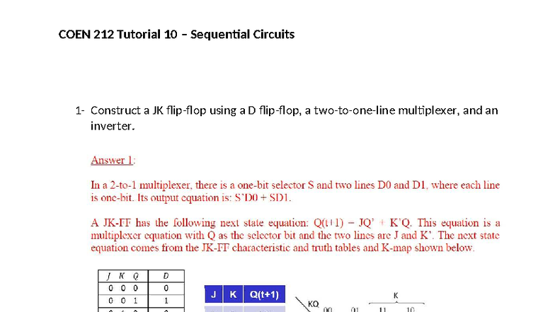 COEN 212 Tutorial 10 - Sequential Circuits & JK Flip-Flop Design - Studocu
