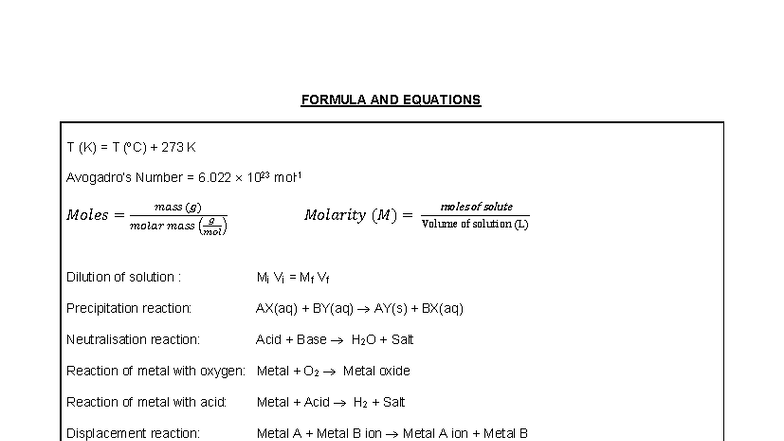 Formula Sheets for Exams: Chemistry Essentials and Reactions - Studocu