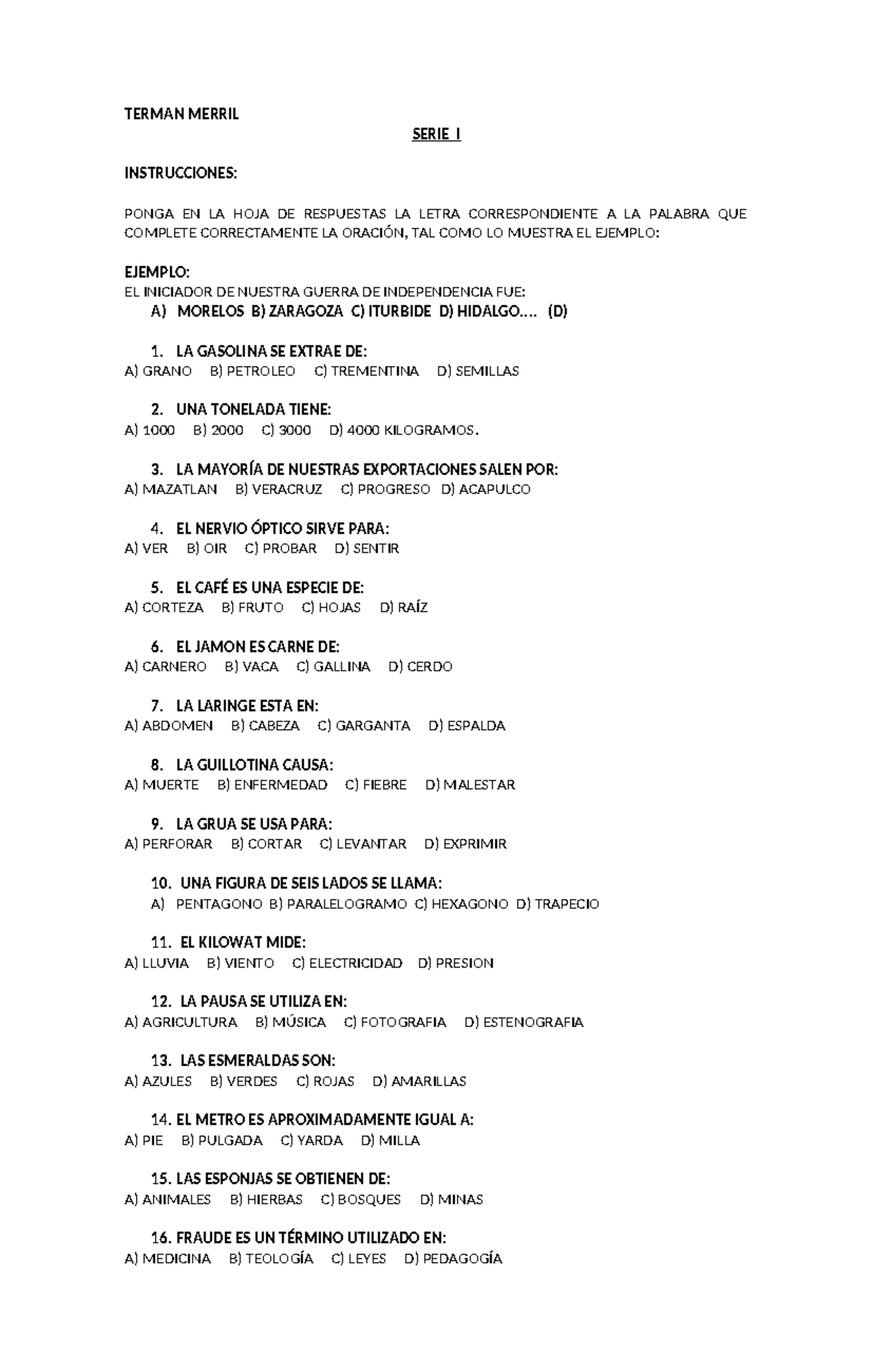Terman Merril - Test de Psicología: Instrucciones y Respuestas - Studocu