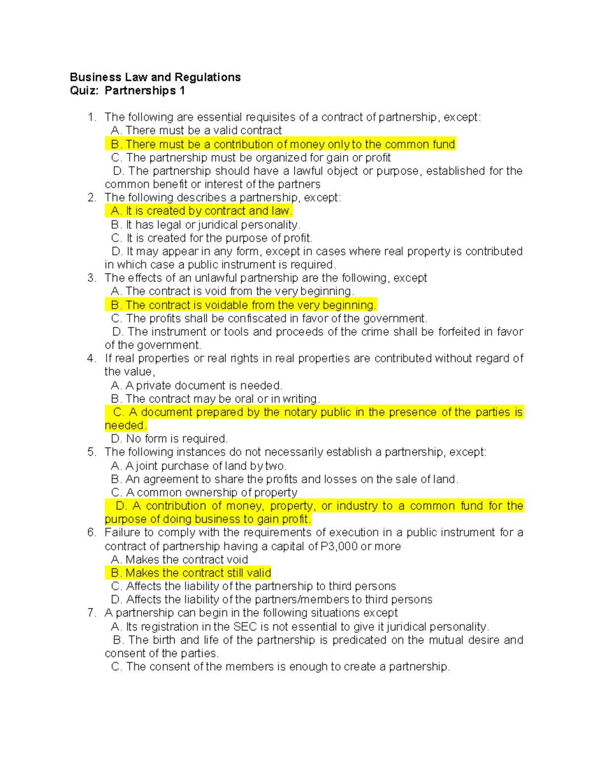 BUS 101: Business Law & Regulations Quiz on Partnerships - Studocu