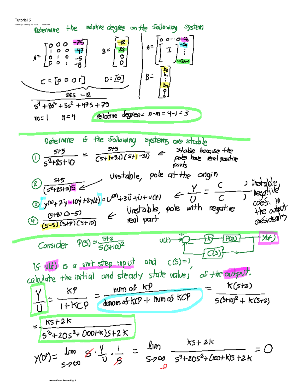 Tutorial 6 - Intro to Control Systems - Tutorial 6 Monday, February 27 ...