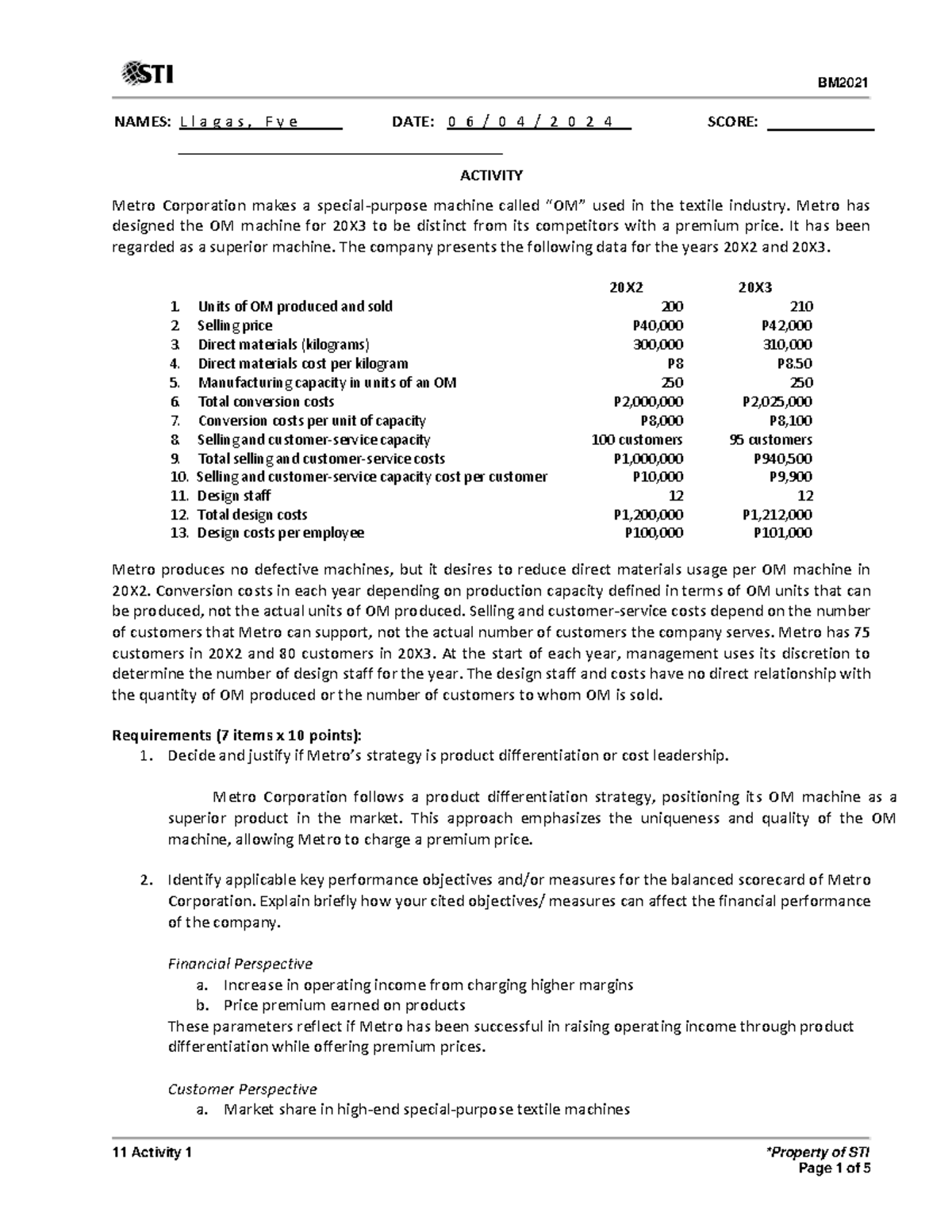 **STI 11 Activity 1: Analysis of Metro Corporation's OM Machine ...