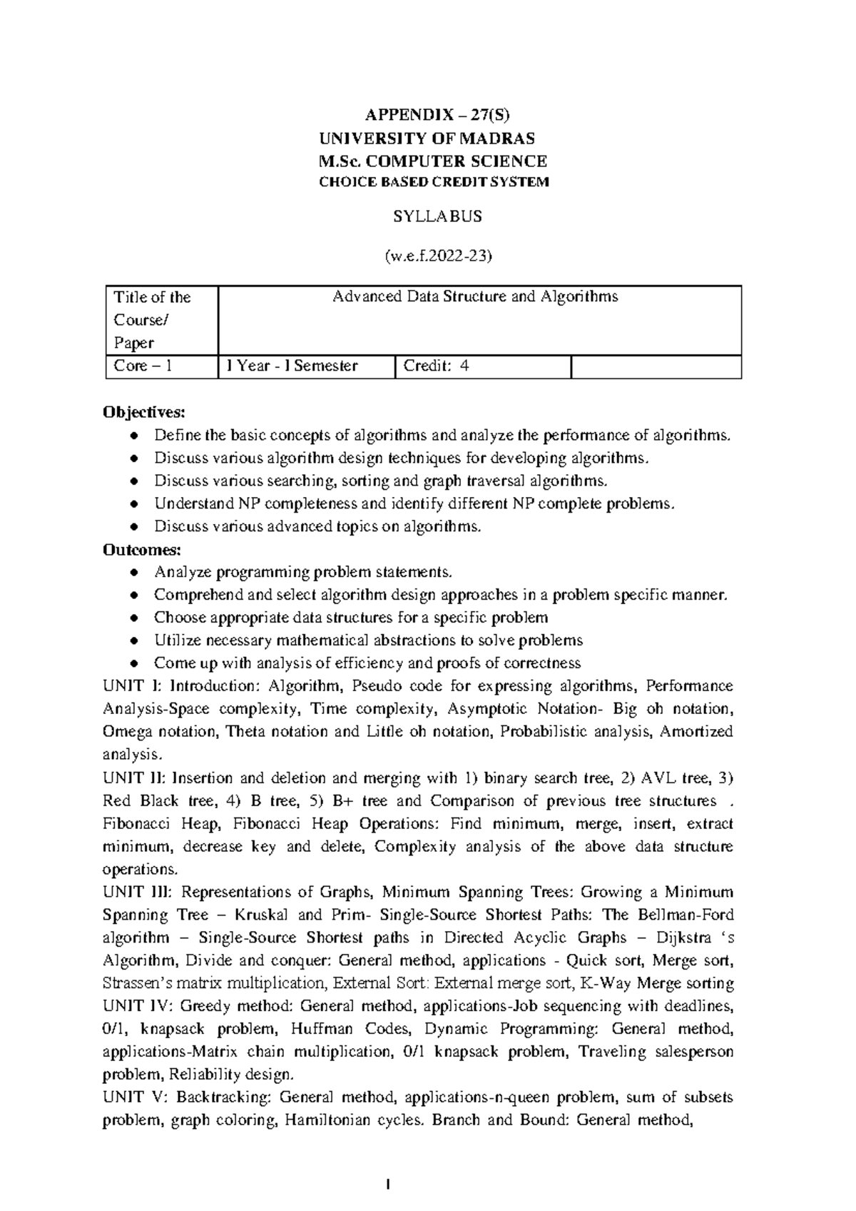 MCR-SY - Advanced Data Structures and Algorithms Syllabus - Studocu