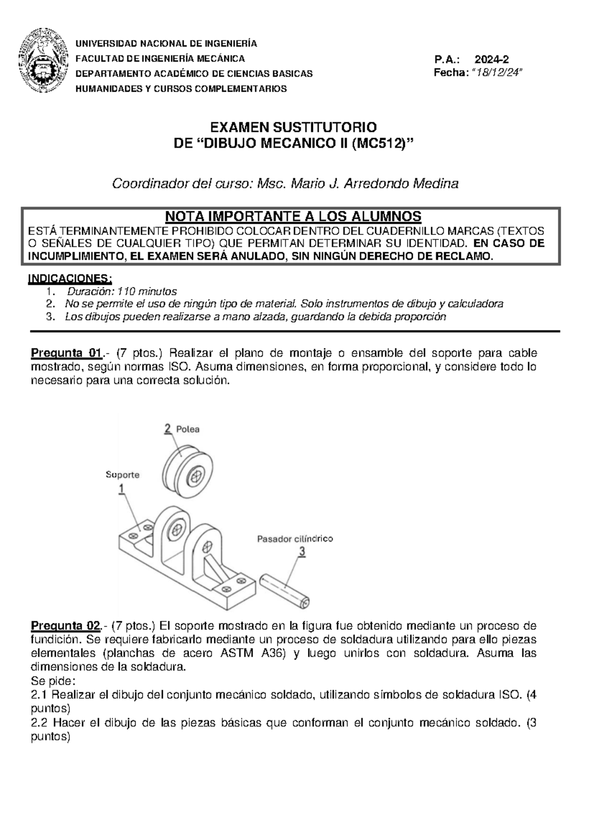 Examen Sustitutorio 2024-2 MC512: Mecánico II - Instrucciones y ...