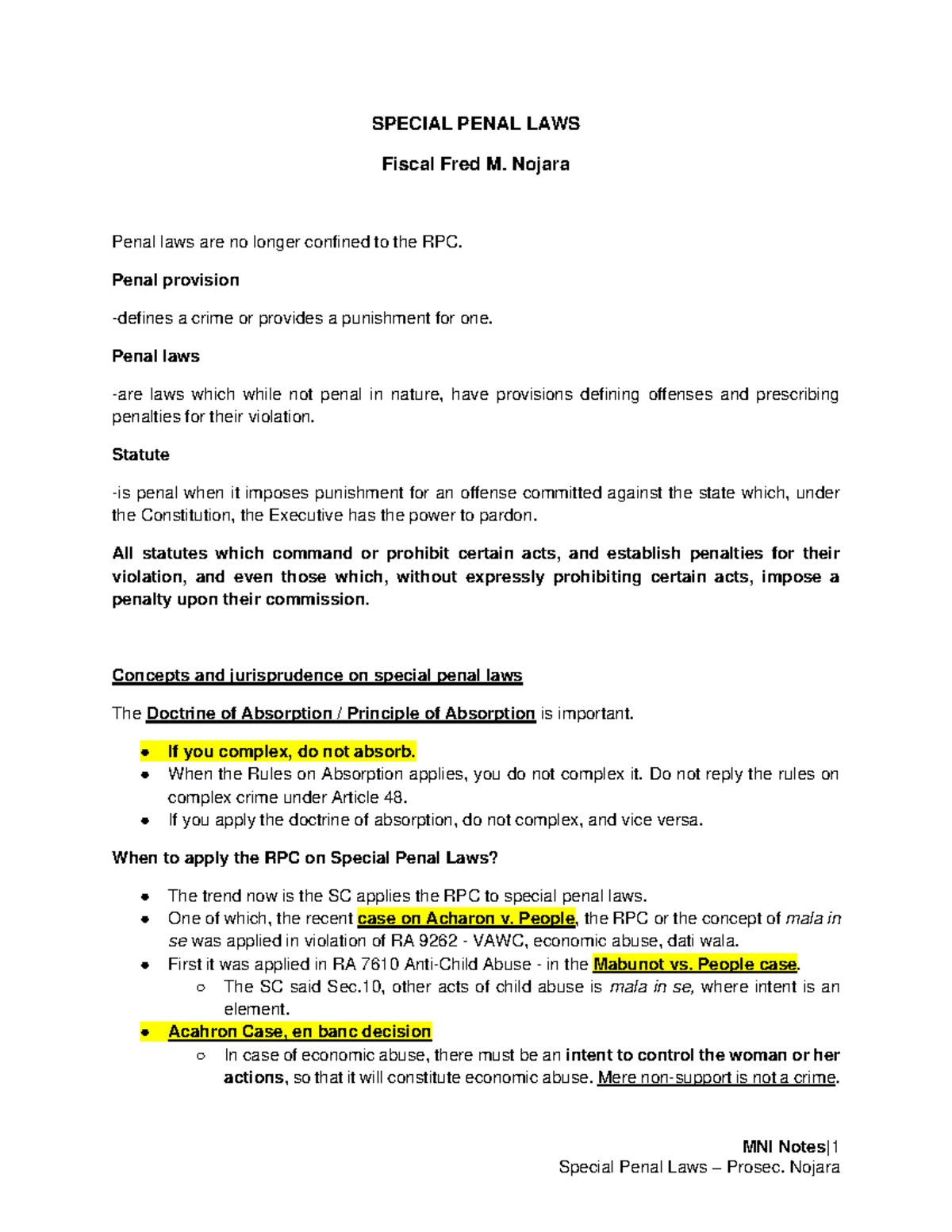 Special Penal Laws: Insights and Key Principles - Prosec. Nojara - Studocu
