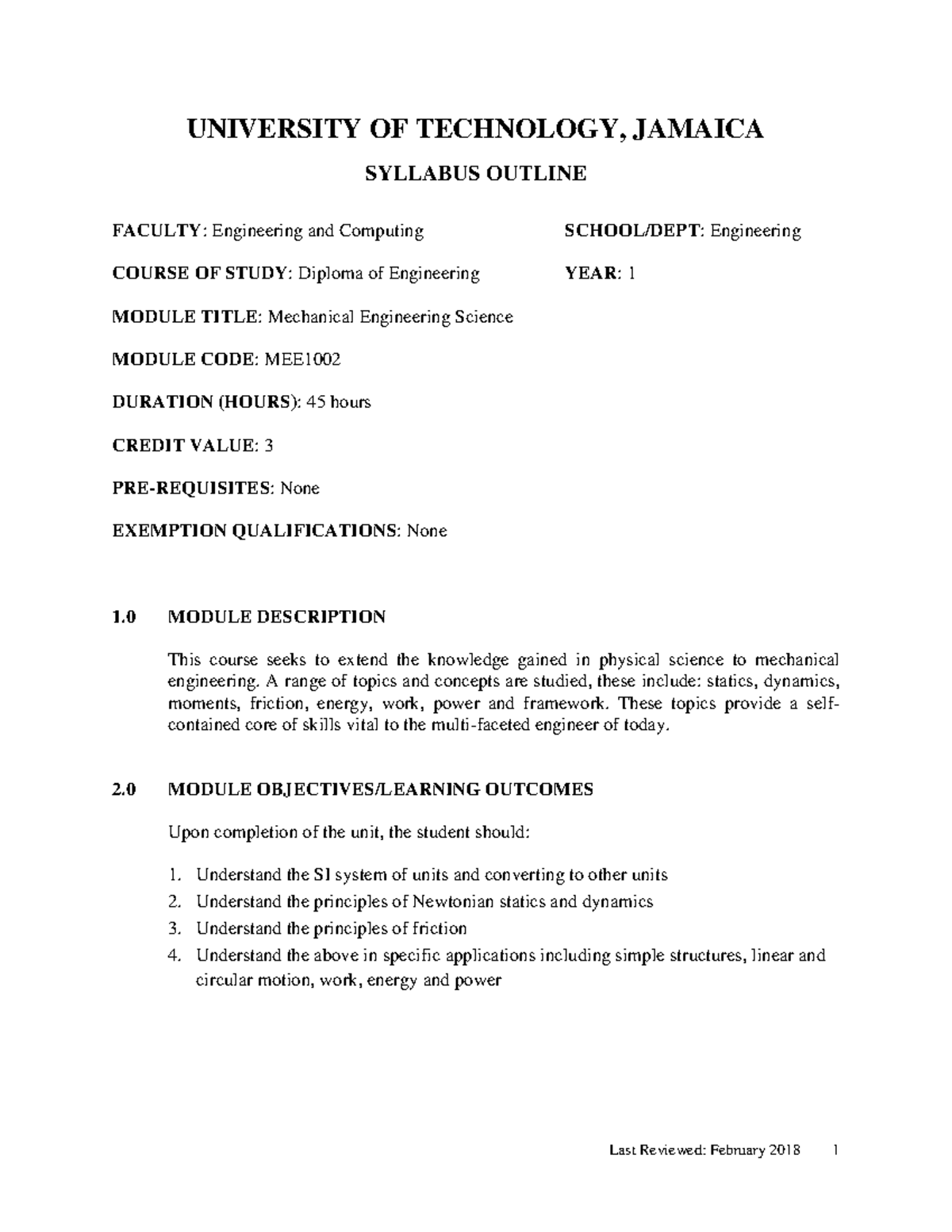 Syllabus for Mechanical Engineering Science MEE1002 - Year 1 - Studocu