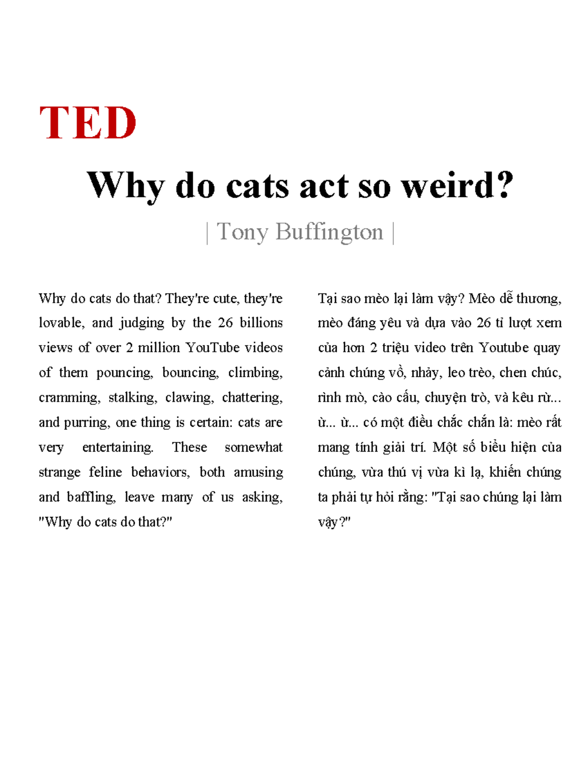 TED1 - Understanding Feline Behavior: Why Cats Do That - Studocu
